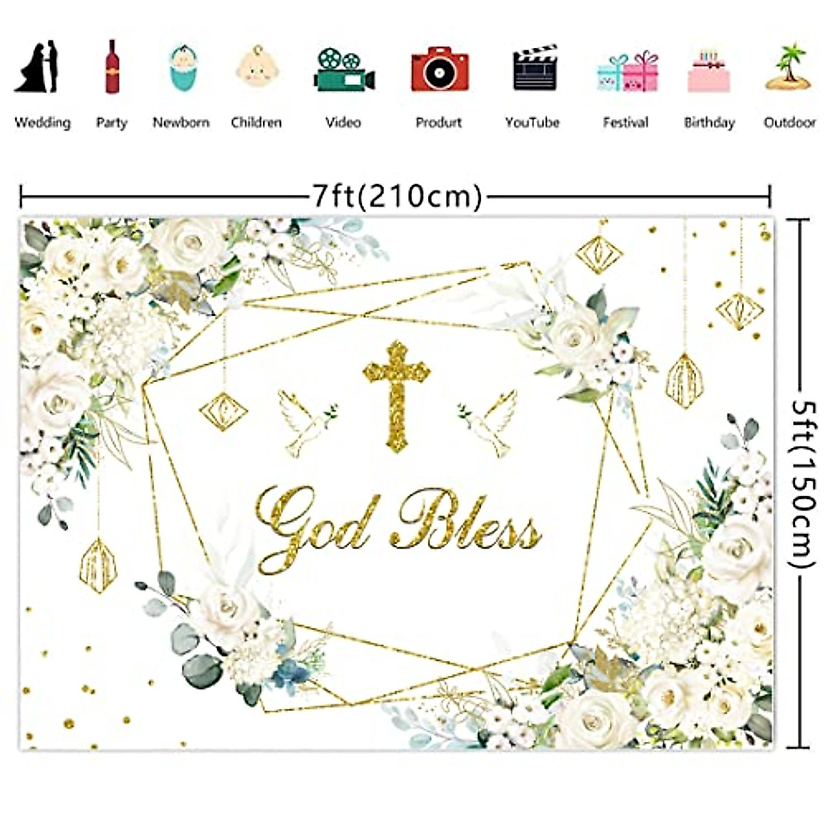 Wollmix 1st First Communion Baptism Decorations Backdrop 7x5ft God Bless Holy Communion Banner Christening Gold Dots White Florals Photography Background Baby Shower Banner Photo Booth Props