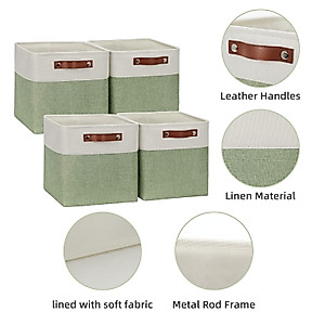 HNZIGE Fabric Cube Storage Baskets Bins Cube Baskets 11x11, Set of 4, Foldable Storage Cube Bin Baskets for Shelves with Handles, Bins for Cube Organizer Home Toy Nursery Closet Bedroom(Green White)