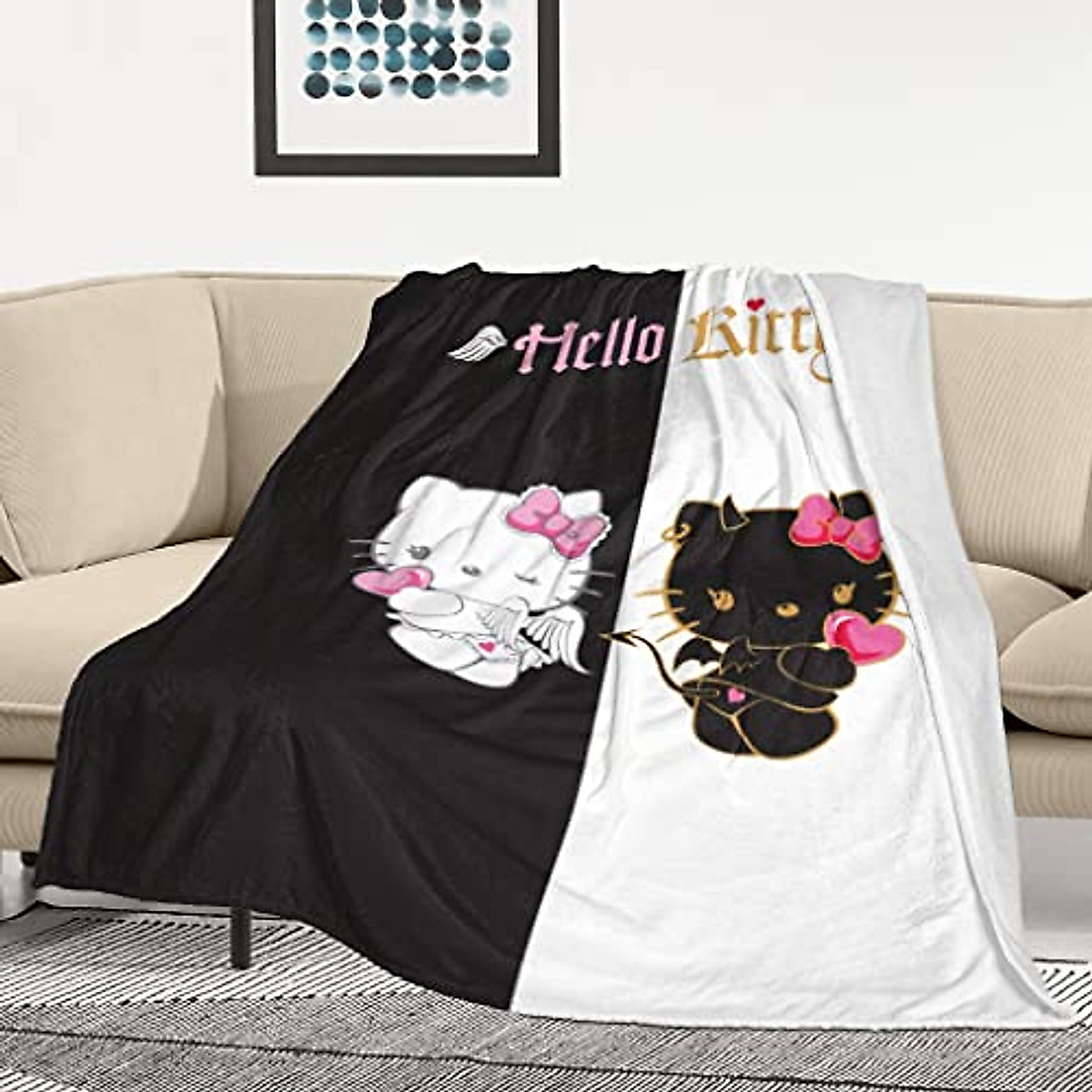 Cute Blanket Flannel Fleece Throw Blankets Hello Cat Throw Blanket Cartoon Blanket for Bed & Sofa 60"X50"