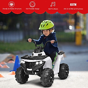 Costzon Ride on ATV, 6V Battery Powered Kids Electric Vehicle, 4 Wheeler Quad w/Headlights, MP3, USB, Volume Control, Large Seat, Electric Ride on Toys for Boys & Girls (White)