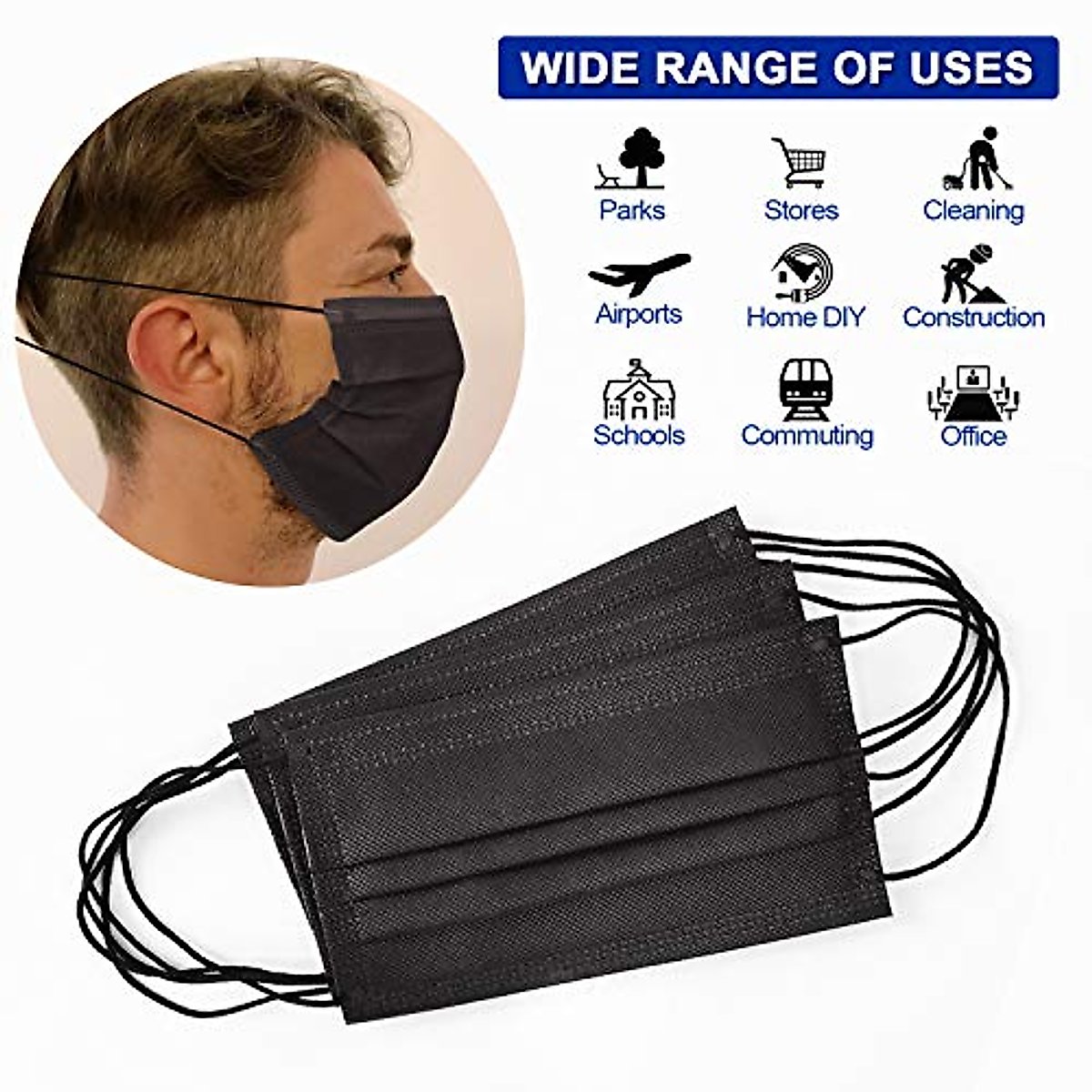 T·IMTEX Disposable 3 Ply Face Mask with Elastic Ear loops, Breathable and Comfortable Protective Masks with Melt-Blown Fabric for Filtering the Particulate Matter in the Air Pollution (Black)