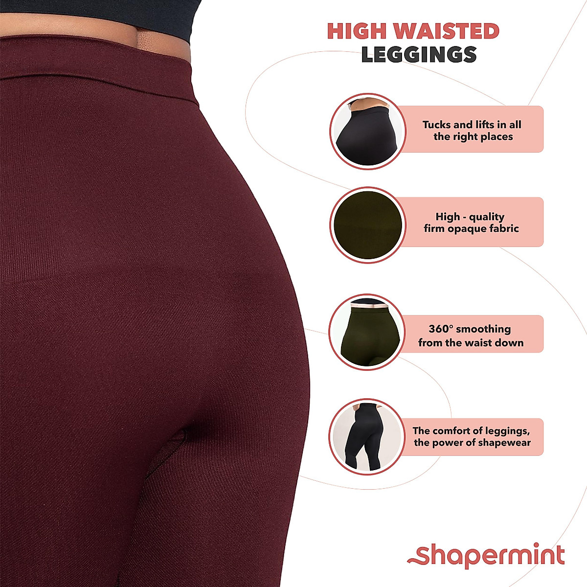 SHAPERMINT Leggings for Women Tummy Control - High Waisted Shapewear Leggings, Womens Plus Size, Thick Non-See-Through Black