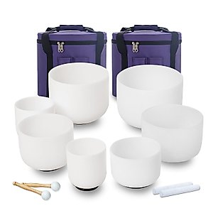 KVKA 7-12 inch 432hz Crystal Singing Bowls Set of 7 pcs for Yoga Sound Healing with 2pcs Travel Carrying Case,Rubber Mallets,(7-12inch, 432hz)