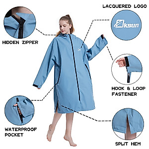 Oksun Oversized Waterproof Swim Parka: Windproof Warm Swimming Coat - Water Resistant Jacket - Thin Fleece Lined Surf Poncho (L-XL, Blue)