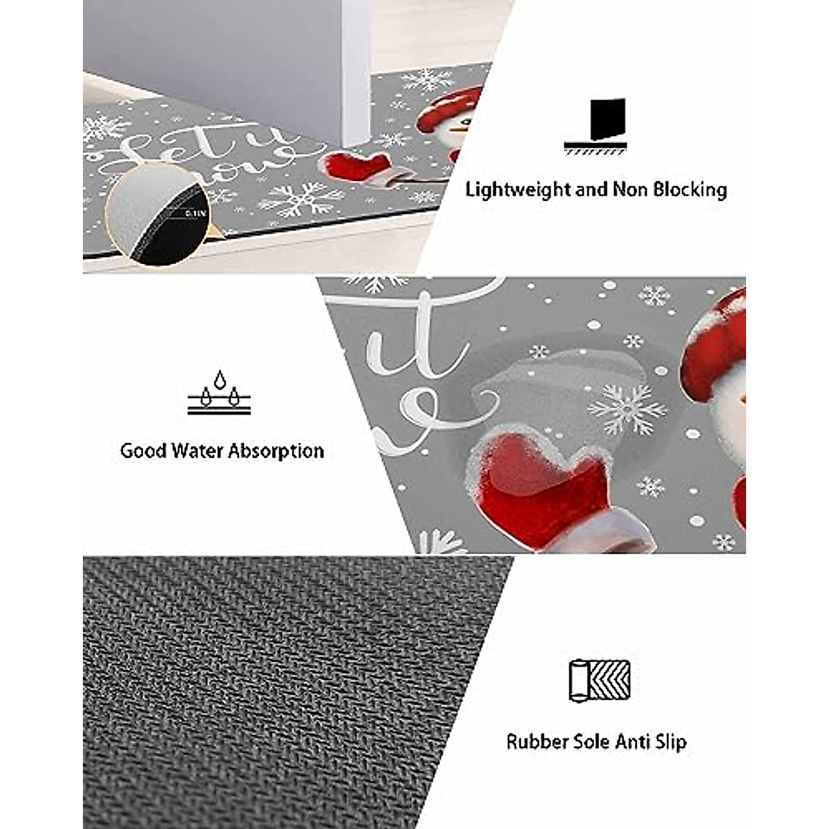 Jolunifun Christmas Snowman Bath Mat for Tub,Non Slip Bathroom Floor Runner Rug Quick Dry &amp; Absorbent Diatomaceous Earth Shower Sink Bedroom Kitchen Washable Doormat,Winter Red Snowflake Grey 20&quot;x47&quot;