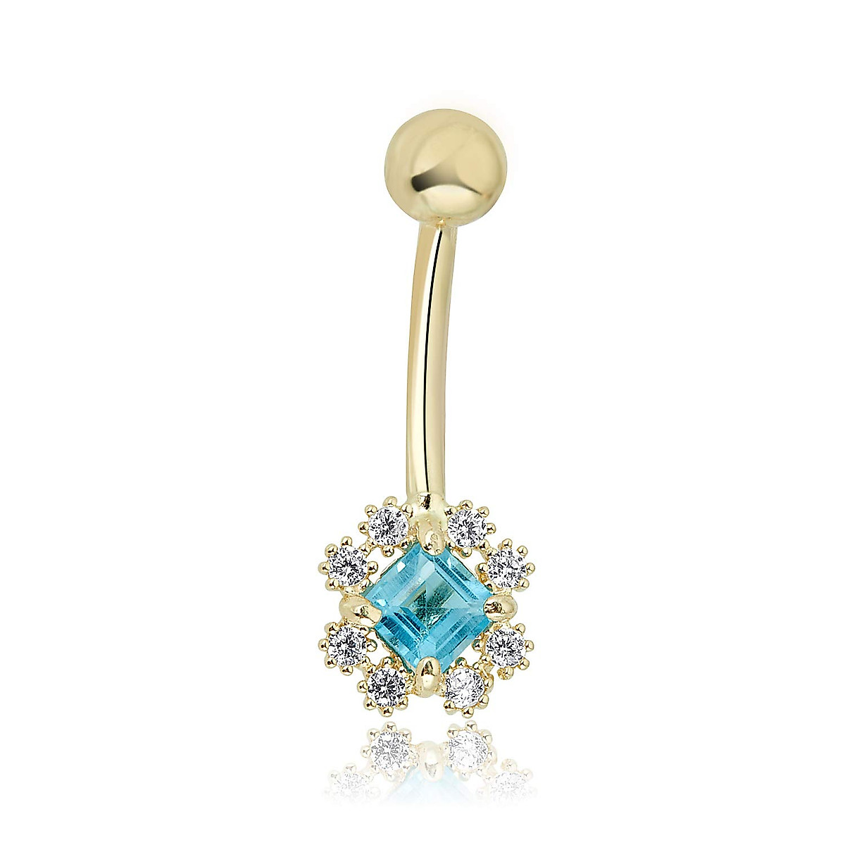 AVORA 10K Yellow Gold Princess-cut Simulated Diamond CZ Halo Belly Button Ring Body Jewelry (14 Gauge)
