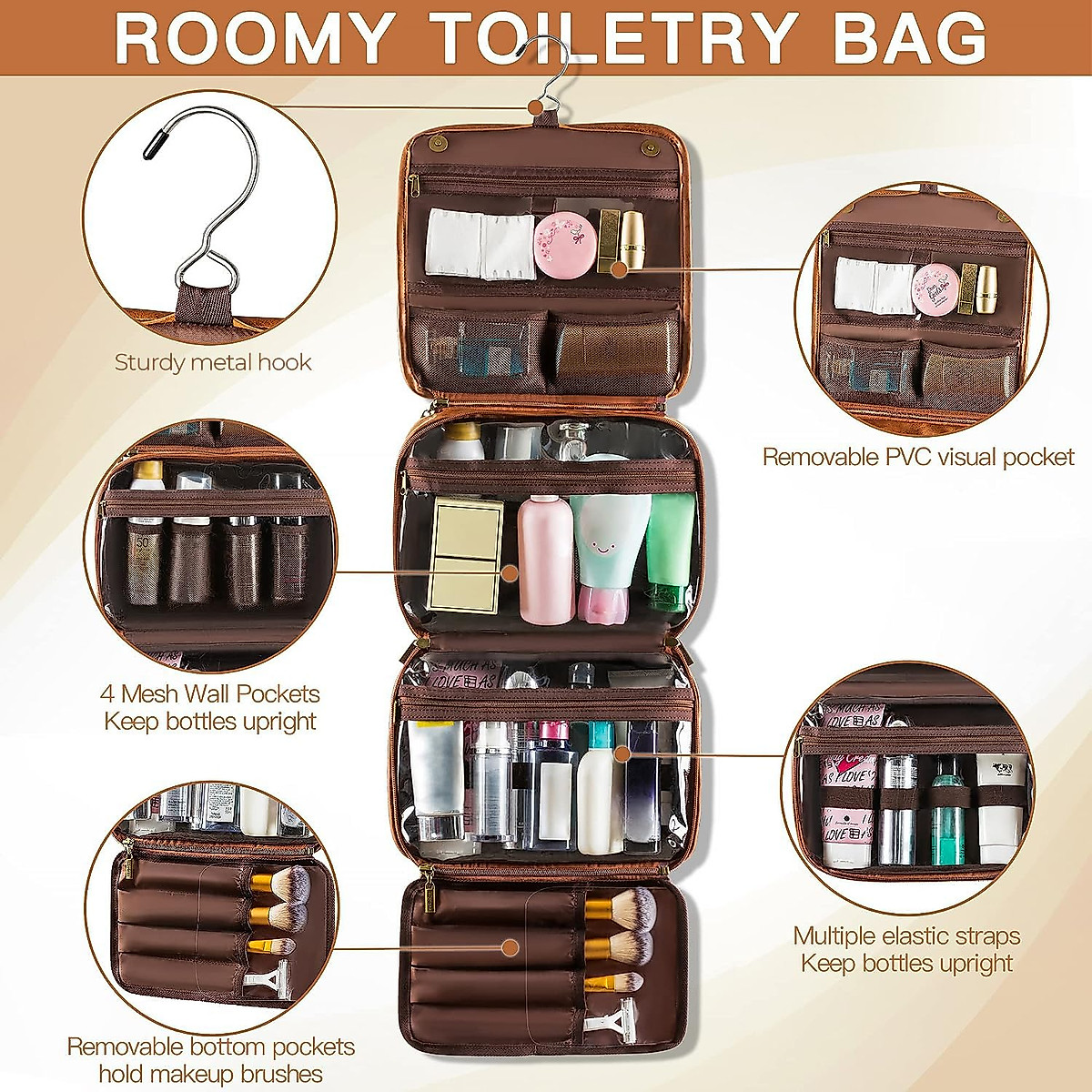 Elviros Toiletry Bag Hanging Travel Organizer for Men and Women, 3 in 1 Multifunctional Large Makeup Cosmetic Case for Toiletries Accessories, Water-resistant PU Leather Bathroom Dopp Kit Shaving Bag