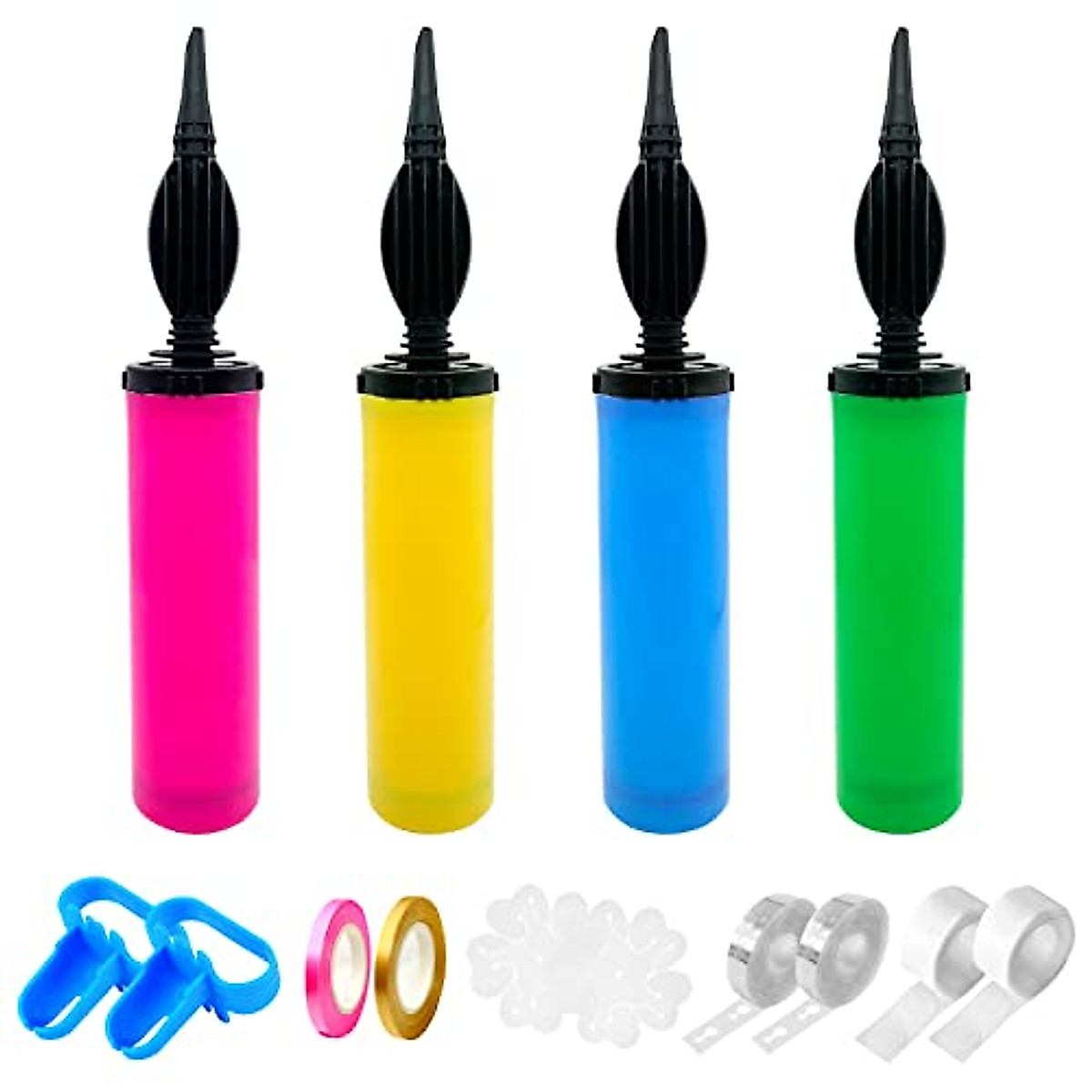 4 Pack Balloon Pump Hand Held for Ballons Inflatable 2-Way Dual Action Inflator Air Pump with 2 Pcs Balloon Tape Strip, 2 Pcs Tie Tools, 2 Pcs Flower Clip, 200 Dot Glue, 2 Rolls Ribbons