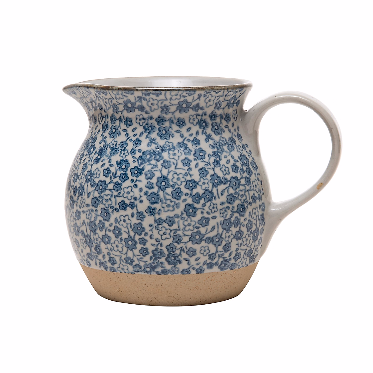 Creative Co-Op Hand-Painted Country-Style Stoneware Floral Print Pitcher, 6.25", Blue & White