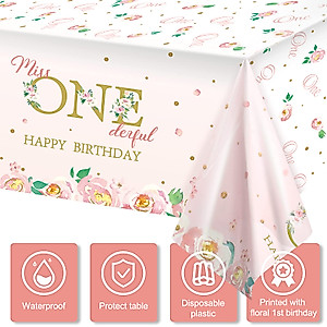 3 Pieces 1st Birthday Party Tablecloth Floral One First Birthday Table Cover Flower Disposable First Birthday Plastic Tablecloth for Kids Birthday Baby Shower Party Decoration Supplies, 54 x 108 Inch