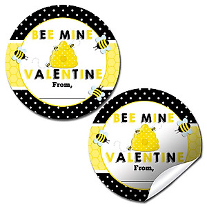 Bee Mine Bumble Bee Valentine Party Favor Sticker Labels, 40 2" Party Circle Stickers by AmandaCreation, Great for Classroom Valentines, Envelope Seals, Gifts & Treats