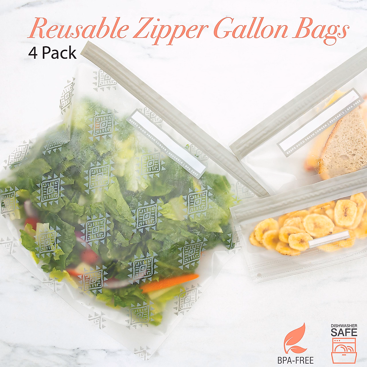 Kitchen Details 4 Pack Reusable Gallon Bags | Airtight Zipper Seal | Leak Proof | BPA Free | Food Safe Material | Food Storage | Freezer Safe | Grey