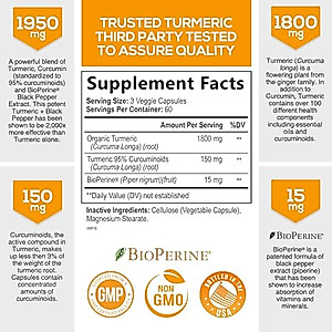 Turmeric Curcumin with BioPerine 95% Standardized Curcuminoids 1950mg - Black Pepper Extract for Max Absorption, Nature's Joint Support Supplement, Herbal Turmeric Pills, Vegan Non-GMO - 180 Capsules