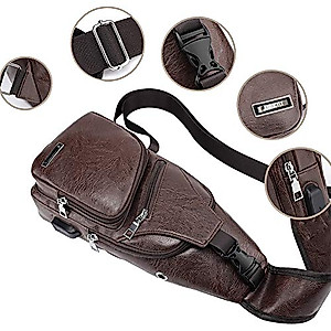 JUMO CYLY Leather Sling Bag with USB Charging Port Large Mens Crossbody Shoulder Bag Travel Sling Chest Bag (Small Deep Brown)