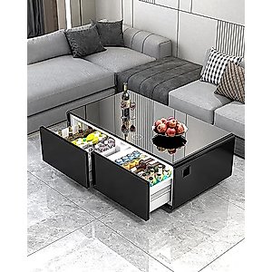 LIVTAB Smart Coffee Table, 27.8" D x 51" W x 18.1" H, Living Room Table with Built in Fridge and Speakers, Smart Table with 15W Wireless Charging, USB Chargers and 110V Outlets (Black)