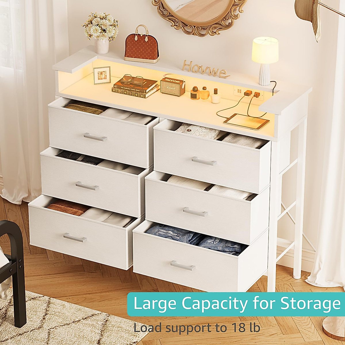 BOLUO White Dresser with LED Light and Charging Station for Bedroom 6 Drawer Dresser with USB Outlet, Dressers & Chests of Drawers Fabric Dresser for Closet Modern