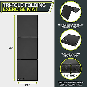 ProsourceFit Tri-Fold Folding Thick Exercise Mat 6’x2’ with Carrying Handles For MMA, Gymnastics Core Workouts, Black