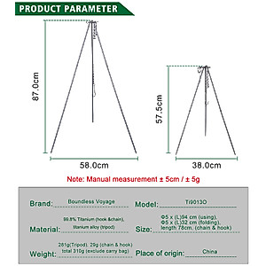 iBasingo Outdoor Titanium Pot with Lid Folding Handle Camping Hanging Cookware Hiking Picnic Ultralight Bowl Tableware (Ti9013O-Tripod)