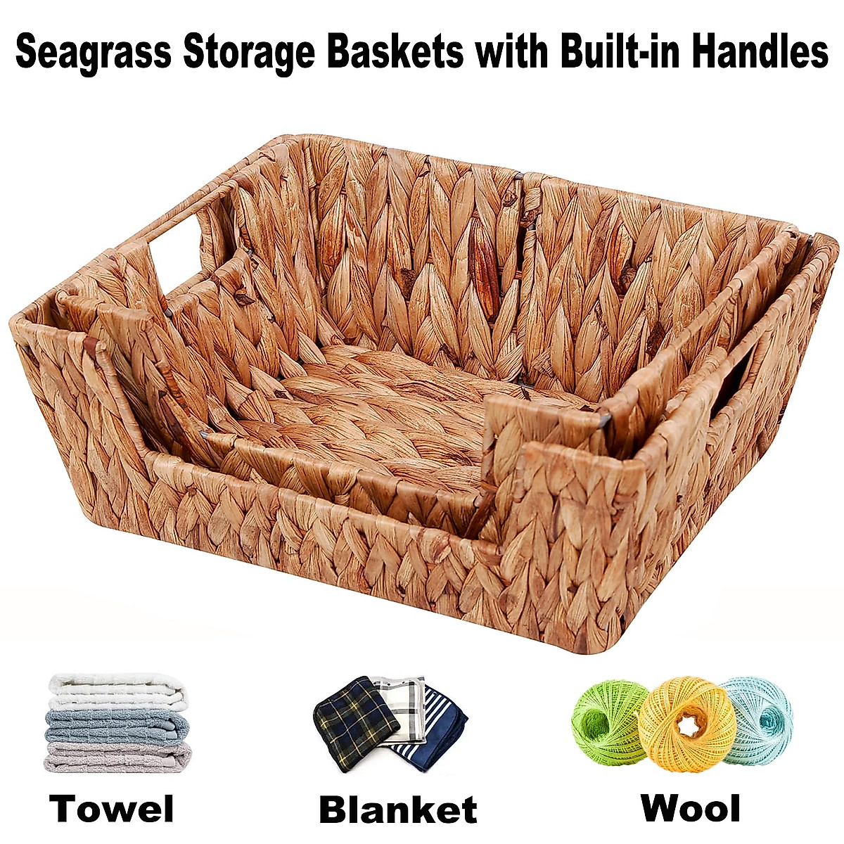 Water Hyacinth Baskets Wicker Baskets for Storage Pantry Baskets Organizing,Toilet Paper Basket with Built-in Handles,Handwoven Wicker Baskets for Shelves Storage,Set of 2 Pcs