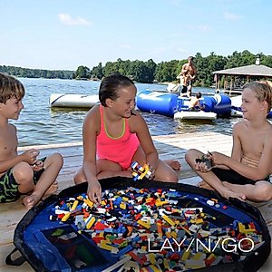 Lay-n-Go 4-in-1 Drawstring Toy Storage Organizer Mat - Durable Machine Washable Drawstring Bag for Lego & Other Toys - Easy-to-Clean Pull String Bag w/ 4 Mesh Pockets & Raised Lip (44”, Blue/Black)