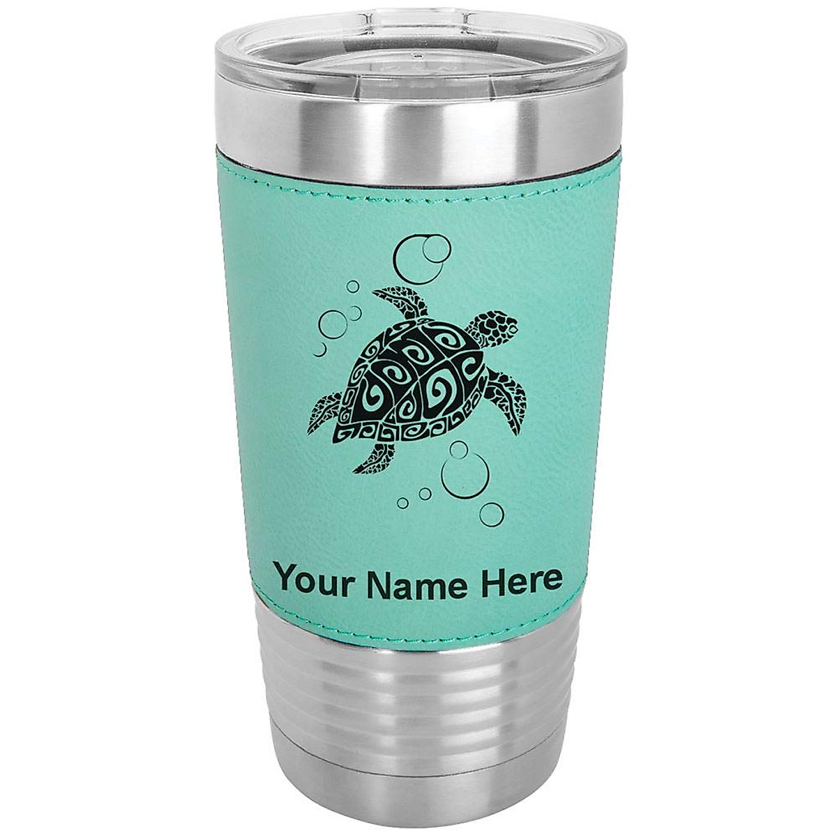 LaserGram 20oz Vacuum Insulated Tumbler Mug, Hawaiian Sea Turtle, Personalized Engraving Included (Faux Leather, Teal)
