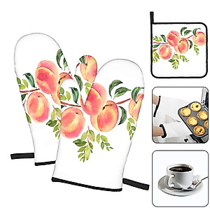 Moslion Peach Oven Mitts and Potholders Watercolor Painting Art Summer Time Fresh Fruits Green Leaves Outdoor BBQ Gloves-Oven Mitts Pot Holders Cooking Gloves for Cooking Baking Grilling