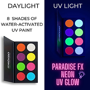 Mehron Makeup Paradise FX Neon UV Glow 8 Color Palette | Magnetic Refillable Special Effects Paint Palette | Professional Water Activated Paint for Raves, Costumes, SFX, Halloween, & Cosplay