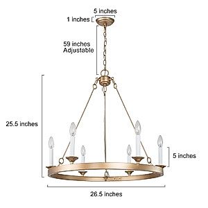 Uolfin Wagon Wheel Chandelier Gold, Modern Large 26.5” Dining Room Chandelier Light Fixture with 6 White Candlesticks for Kitchen, Living Room and Bedroom