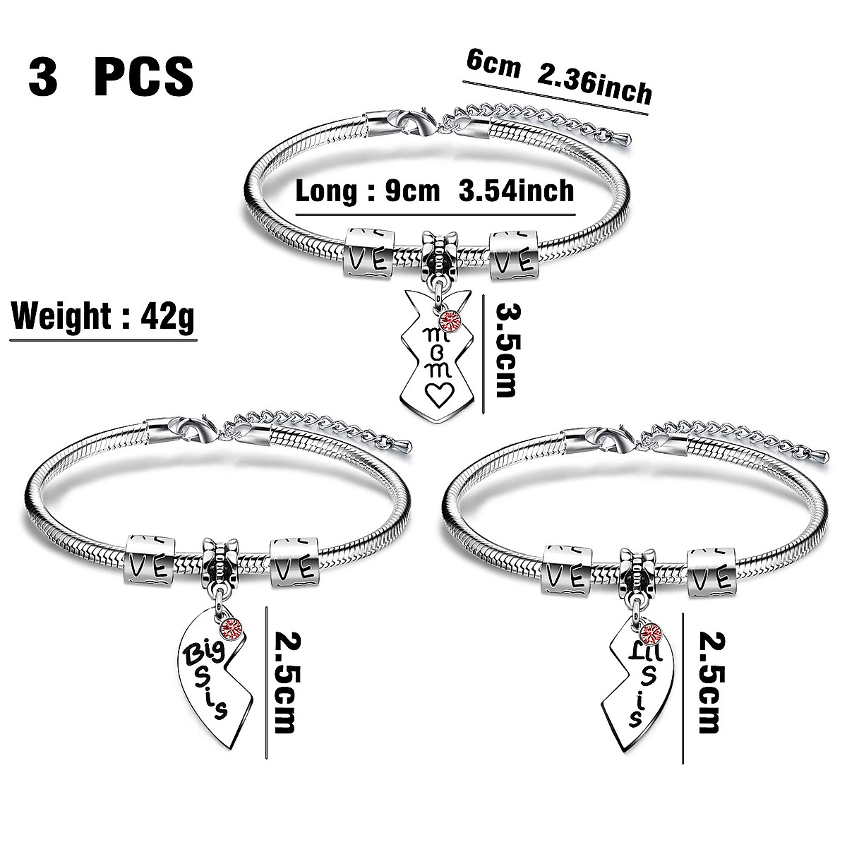 KENYG Mothers Day Christmas 3PCS Set Big Sis Mom Lil Sis Silver Bracelets Bangles For Mother Daughter