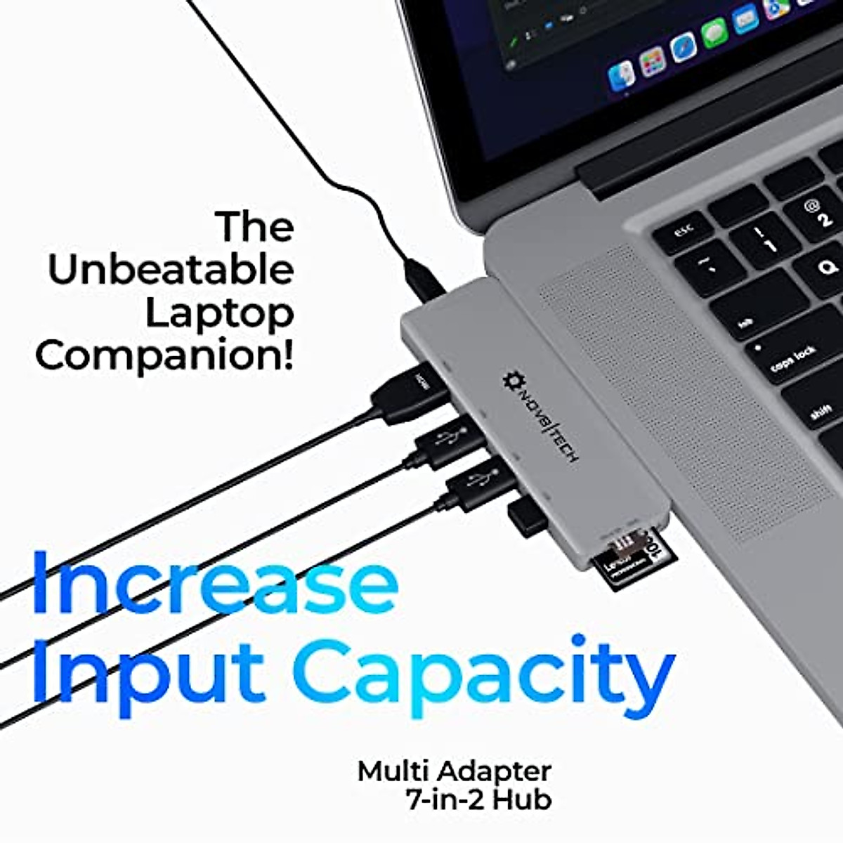 NOV8Tech USB C Hub – Multiport Adapter for MacBook Pro/Air – 7 in 2 USB C Docking Station - Thunderbolt hub – HDMI to USB C Dongle – SD Card Reader for Mac (Space Gray)