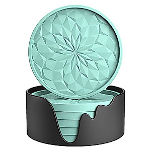 Silicone Coasters [6 Pack] ME.FAN Coasters with Holder - Drinking Coasters - Cup Mat for Drinks - Live for Hot or Cold Drink Thickened, Non-Slip, Non-stick, Deep Tray Mint Green