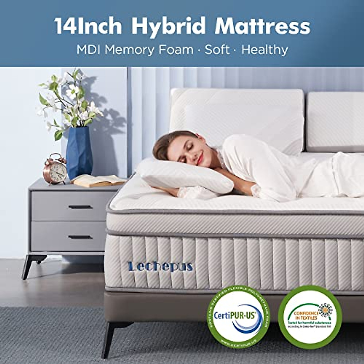 Lechepussleep King Mattress, 14" Hybrid Memory Foam Mattresses with Pocket Springs,Mattress in Box,Plush Mattress for Cool Sleep & Back Pain Relief,CertiPUR-US Foam,10-Years Support (Lc-1903-3350)