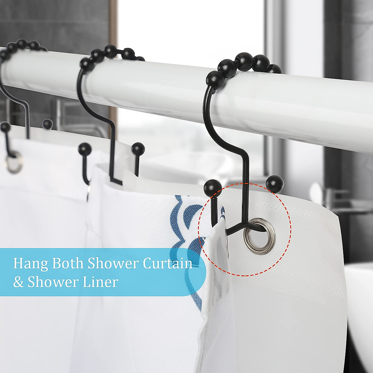 Shower Curtain Rings, OEH Shower Curtain Hooks, Rust-Resistant Metal Black Shower Curtain Rings, Double Shower Curtain Hooks for Bathroom Shower Curtain & Shower Liner, Set of 12, Black