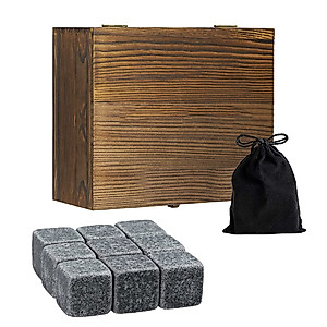 Pack of 9 Whiskey Stones Gift Set Reusable Ice Cube Whiskey Rocks with Wooden Gift Box and Storage Carrying Pouch (Gray)