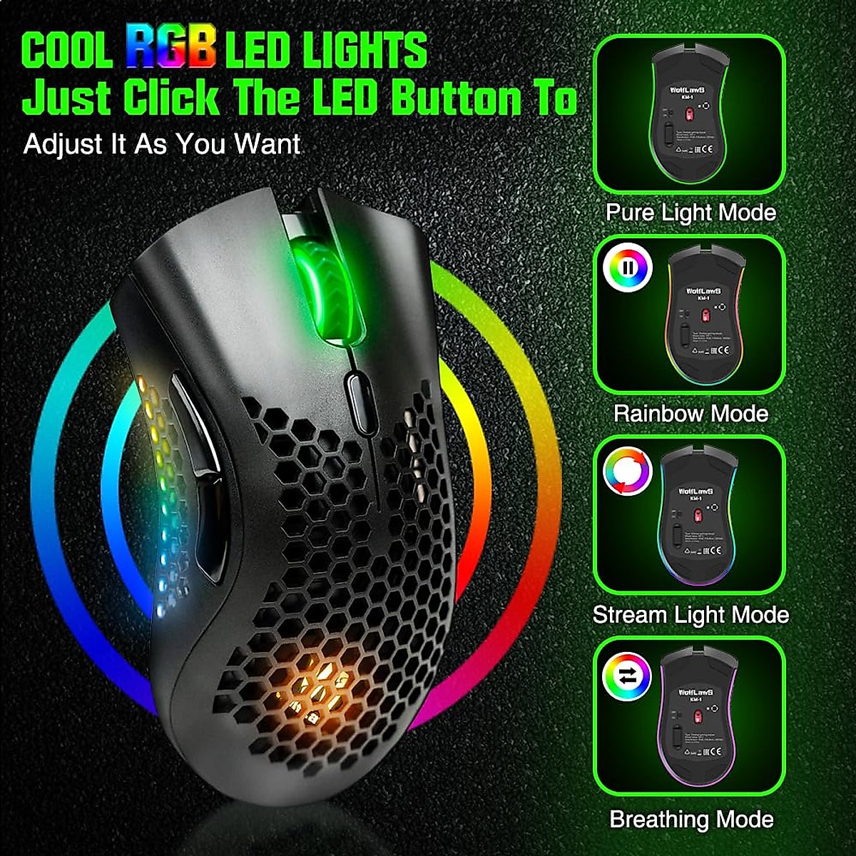 WolfLawS KM-1 Gaming Mouse, Wireless Mouse Gaming Computer Mice USB with Honeycomb Shell, 6 Programmed Buttons, 3 Adjustable DPI, Ergonomic RGB Optical Mouse - Green