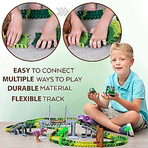 TOYLI Dinosaur Race Track Set 182 Pieces, Dino Track Flexible Dinosaur Road Race Playset with Bridge, Ramps, Dinosaur Track Toy Set is a Great 3 Year Old boy Gift.