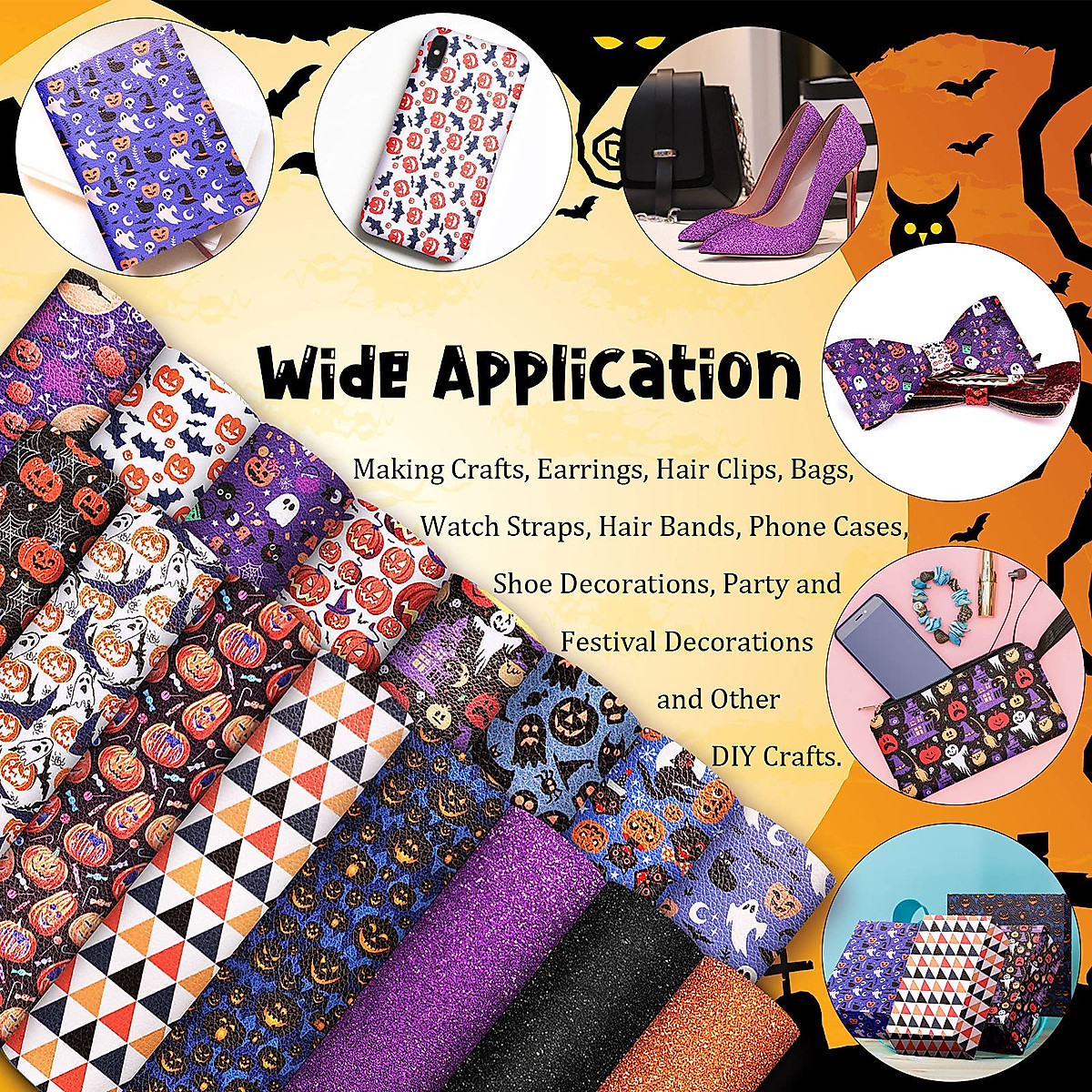 16 Pieces Halloween ​Faux Leather Sheets Pumpkin Printed Leather Fabric Sheets Ghost Spider Bat Faux Leather Fabric Glitter Sequin Synthetic Leather Sheet, 8.3 x 6.3 Inch for Halloween DIY Craft Decor