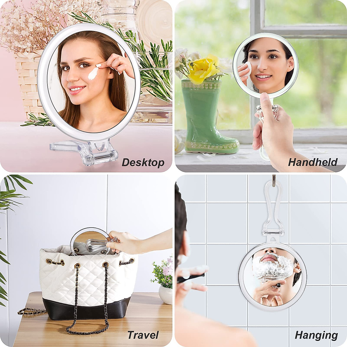 AMISCE 30x Magnifying Handheld Mirror, 2-Sided with Adjustable Stand, Portable, Acrylic Frame, 5'' Diameter, Perfect for Makeup, Shaving, Deep Cleaning