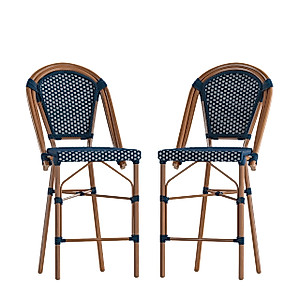 EMMA + OLIVER Soie Bistro Counter Stool - Stacking Indoor/Outdoor PE Rattan Counter Stool with Bamboo Finish Frame - 26" High - Set of Two - Navy/White