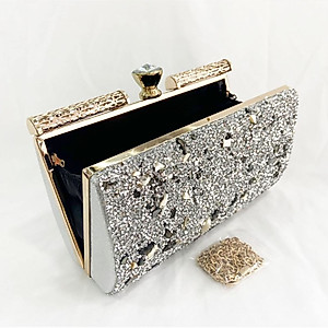 Felice Ann Glitter Rhinestone Sequins Evening Clutch Handbag Chain Strap Crossbody Shoulder Bag, Silver