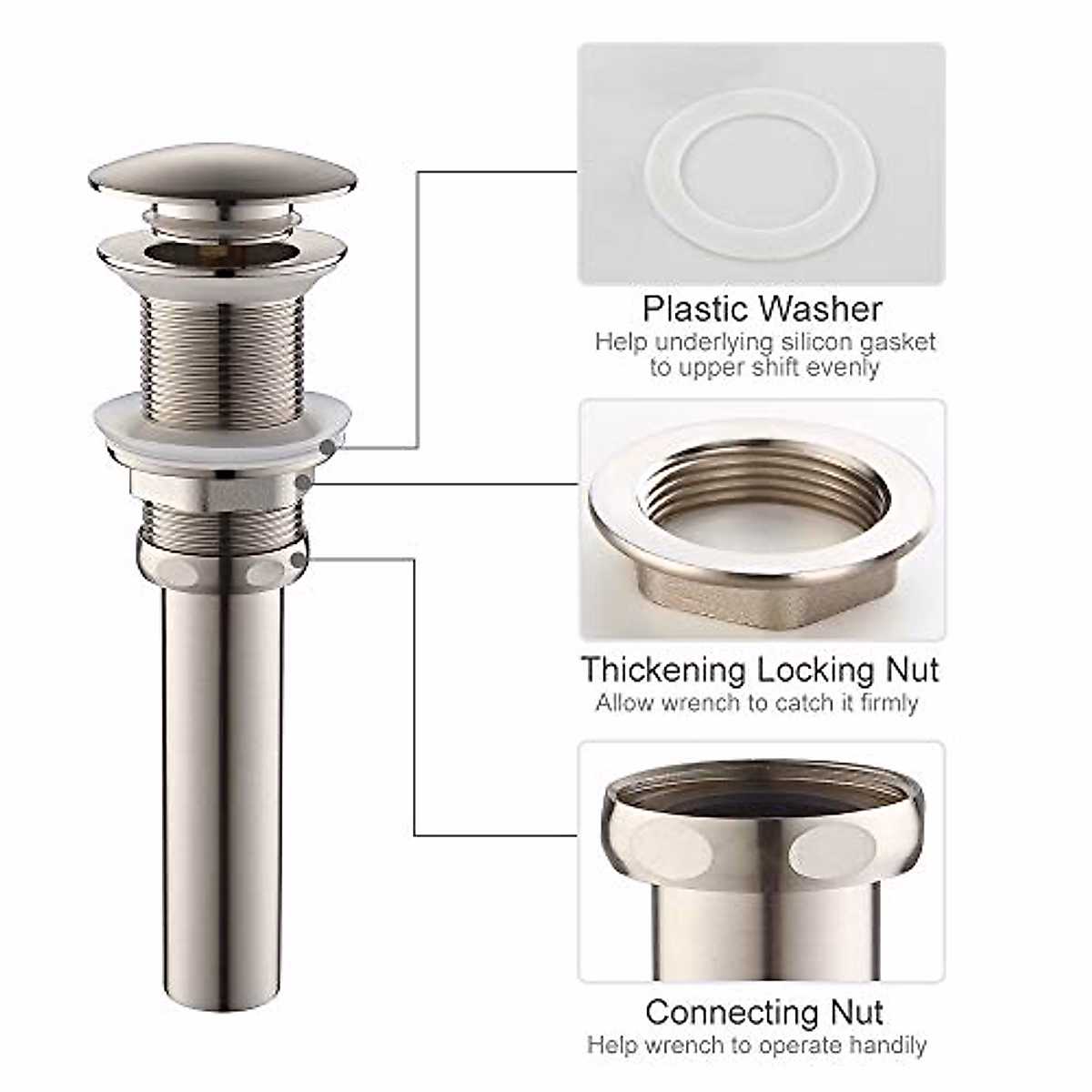 HOMELODY Vessel Sink Drain, 1 5/8" Bathroom Sink Drain with Removable Brass Strainer Basket, Anti-clogging Pop Up Drain Stopper Brushed Nickel without Overflow, HL8018ABN