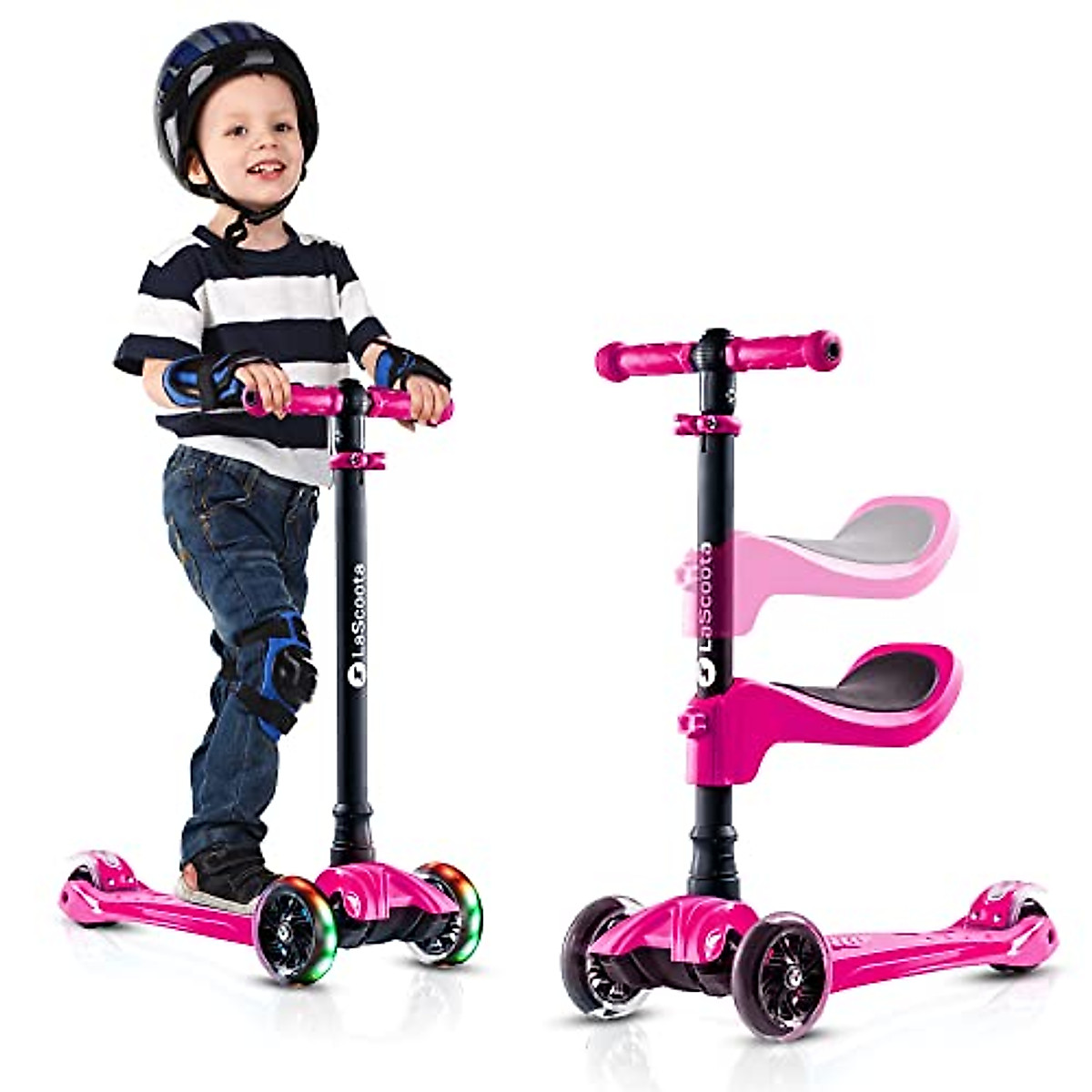 LaScoota 2-in-1 Kids Kick Scooter, Adjustable Height Handlebars and Removable Seat, 3 LED Lighted Wheels and Anti-Slip Deck, for Boys & Girls Aged 3-12 and up to 100 Lbs.