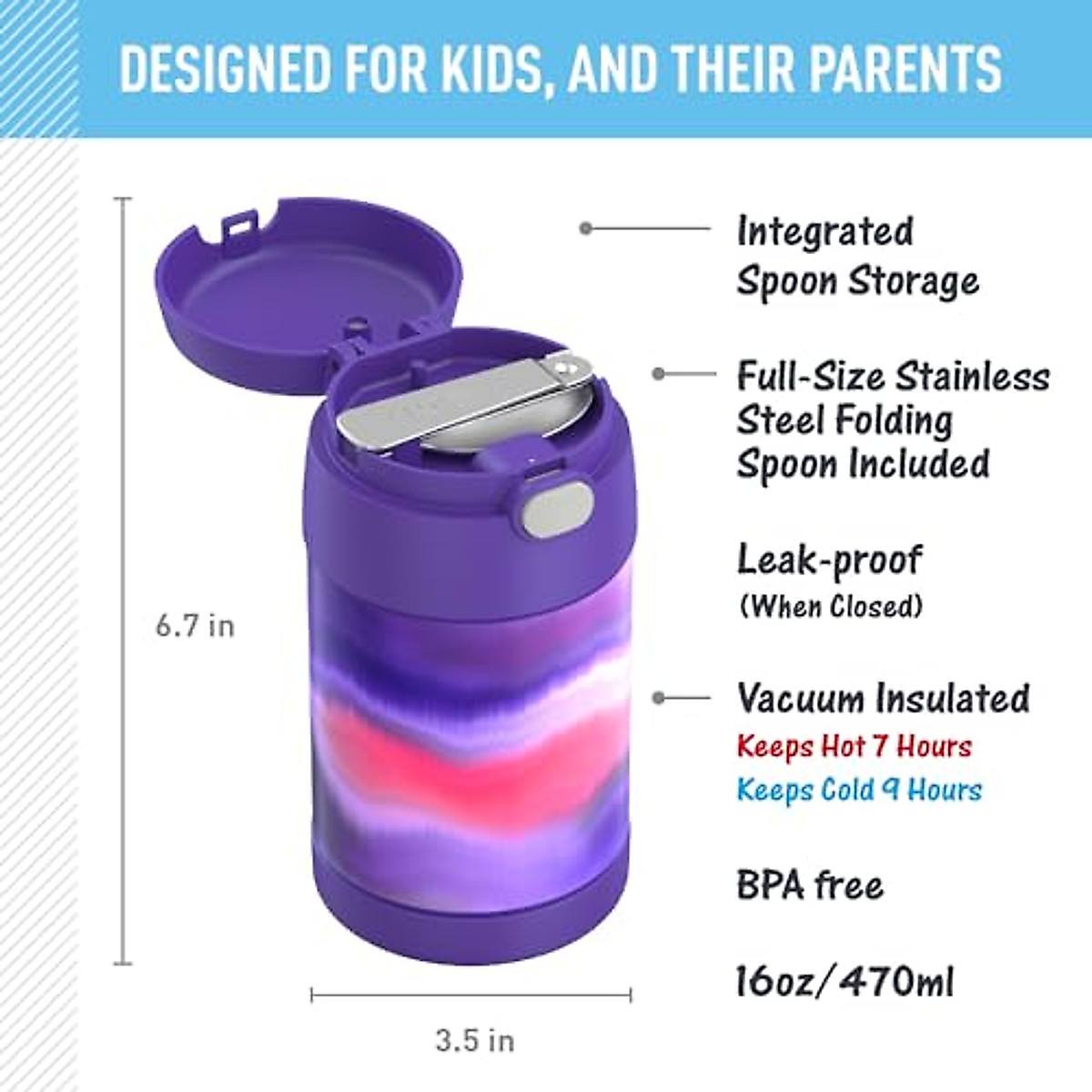 THERMOS FUNTAINER 16 Ounce Stainless Steel Vacuum Insulated Food Jar with Spoon, Purple Mirage