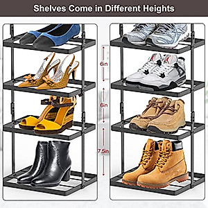 Black Vertical Narrow Shoe Shelf for Closet, 6 Tiers Space Saving Metal Shoe Rack with Hooks and Storage Shelf