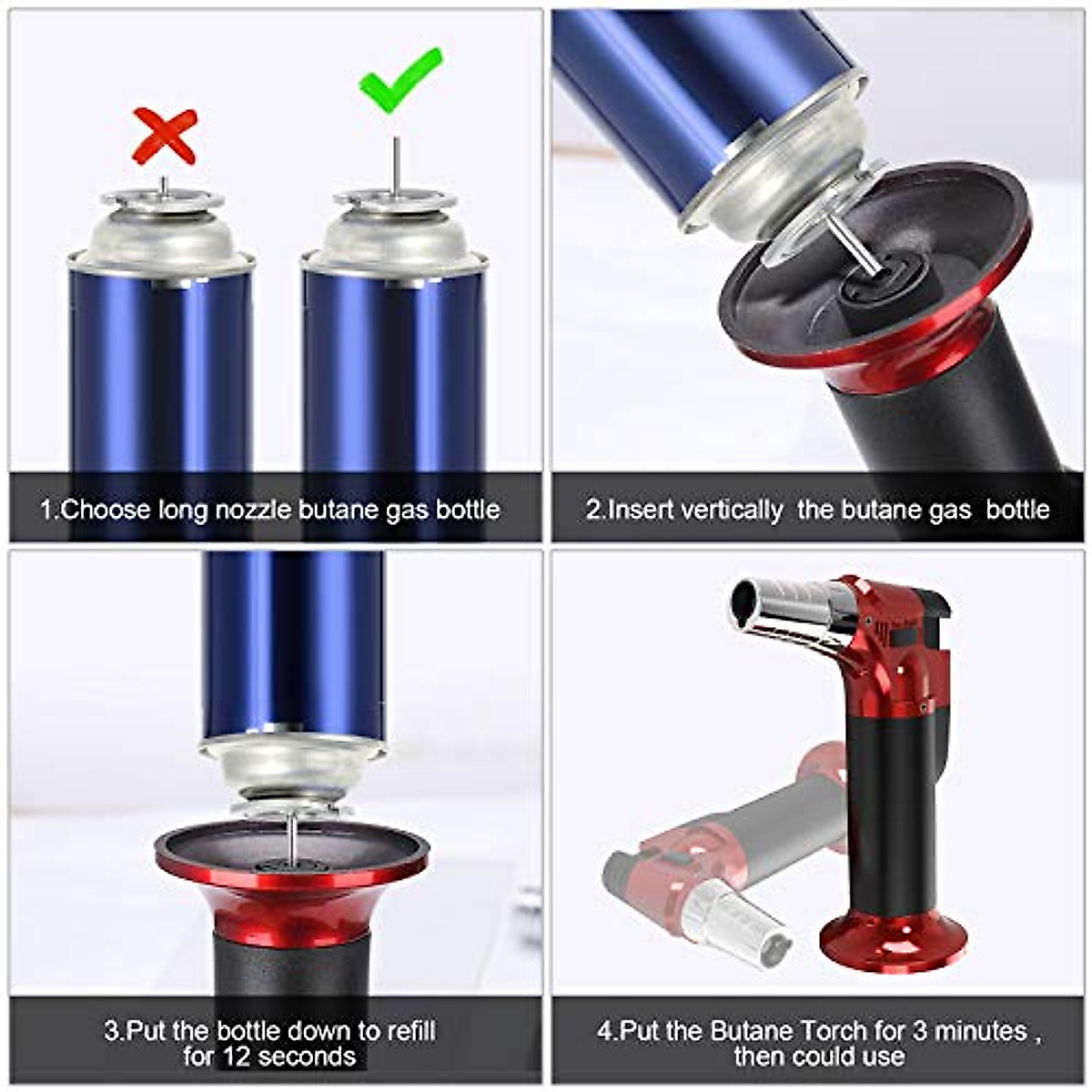 2 Pack Butane Torches Culinary Blow Torch Lighter, Refillable Kitchen Cooking Torch with Safety Lock Adjustable Flame for BBQ, Creme Brulee, Baking, Crafts (Butane Gas not Included) (Red/Blue)