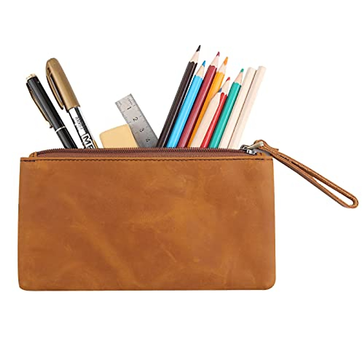 AZXCG Leather Pencil Case, Vintage Leather Pencil Pouch with Zipper, Handmade Pen Case, Pouch Stationery Bag, Makeup Pouch Bag for Adults/Girls/Teens/Students Art School and Office Supplie, Brown