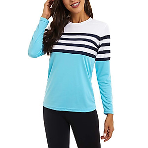 NEYOUQE Women's Summer Fall Comfort Colors Lovely Striped Long Sleeve Pullover Crewneck Travel Under Shirt Soft Aesthetic SPF Clothing Lake Blue S