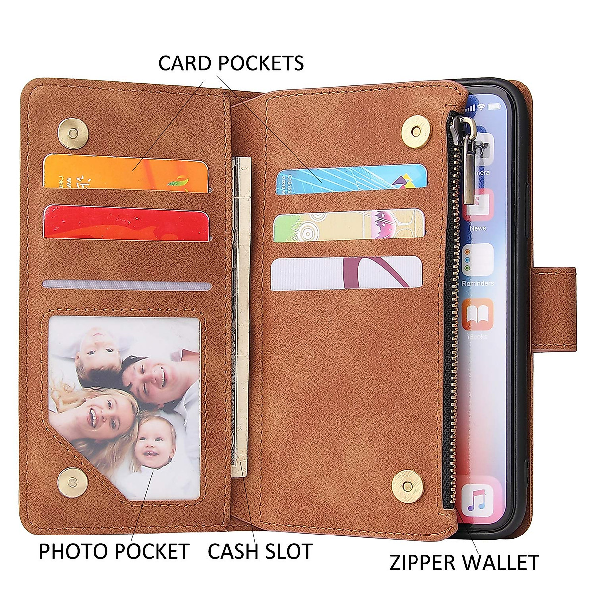 UEEBAI Wallet Case for iPhone XR, Premium Vintage PU Leather Magnetic Closure Handbag Zipper Pocket Cover Kickstand Card Holder Slots with Wrist Strap TPU Shockproof Flip Case for iPhone XR - Brown