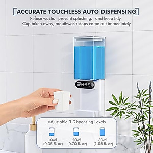 Automatic Mouthwash Dispenser for Bathroom-24.6FlOz 3 Adjustable Dispensing Levels MouthWash Dispenser for Bathroom Accessories with Magnetic Cups & Organizer, for Both All Age Groups Oral Care, White