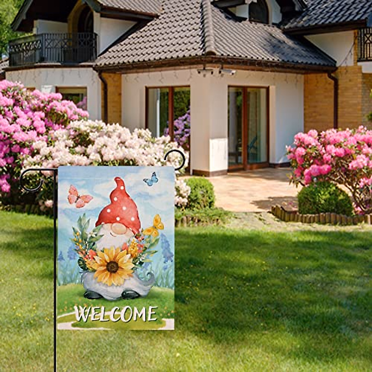 Hzppyz Welcome Spring Gnome Sunflower Wild Flower Garden Flag Double Sided, Red Polka Dots Hat Butterfly Floral Decorative House Yard Outdoor Small Decor, Summer Seasonal Home Outside Decoration 12x18